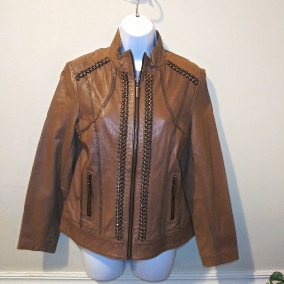Reba | Jackets & Coats | Reba Nwot Chain Decorated Brown Distressed ...
